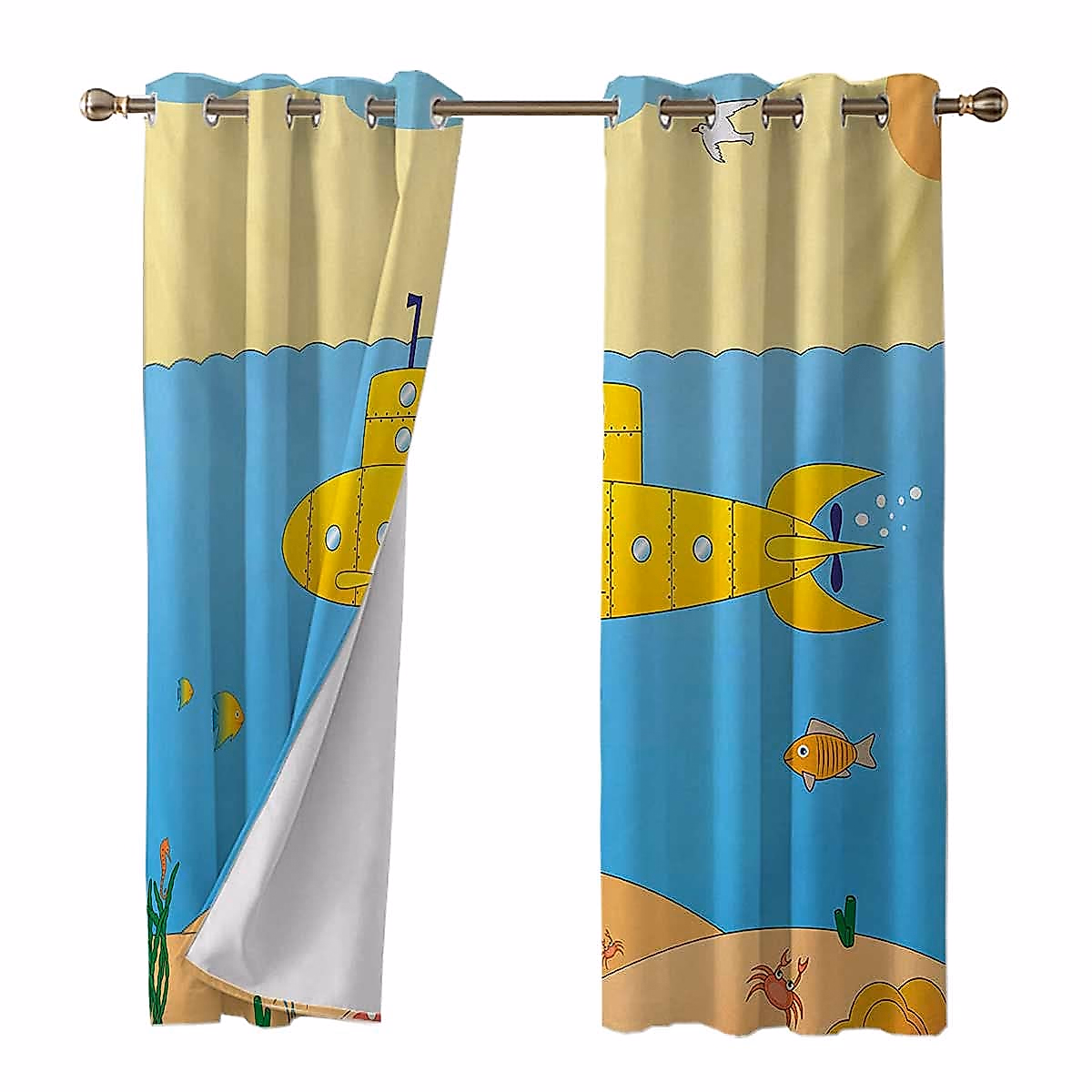 Blue Yellow Beige Kids Blackout Curtains 84 Inch Long Yellow Submarine Grommets Blackout Curtains for Bedroom/Living Room W72 x H84