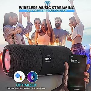 PyleUsa Wireless Portable Bluetooth Boombox Speaker - 2Ch Waterproof Rechargeable Fabric Stereo Speaker w/Google Assistant/Siri Voice Control, TWS Function, USB FM Radio, RGB Lights -PSBWP9BK (Black)
