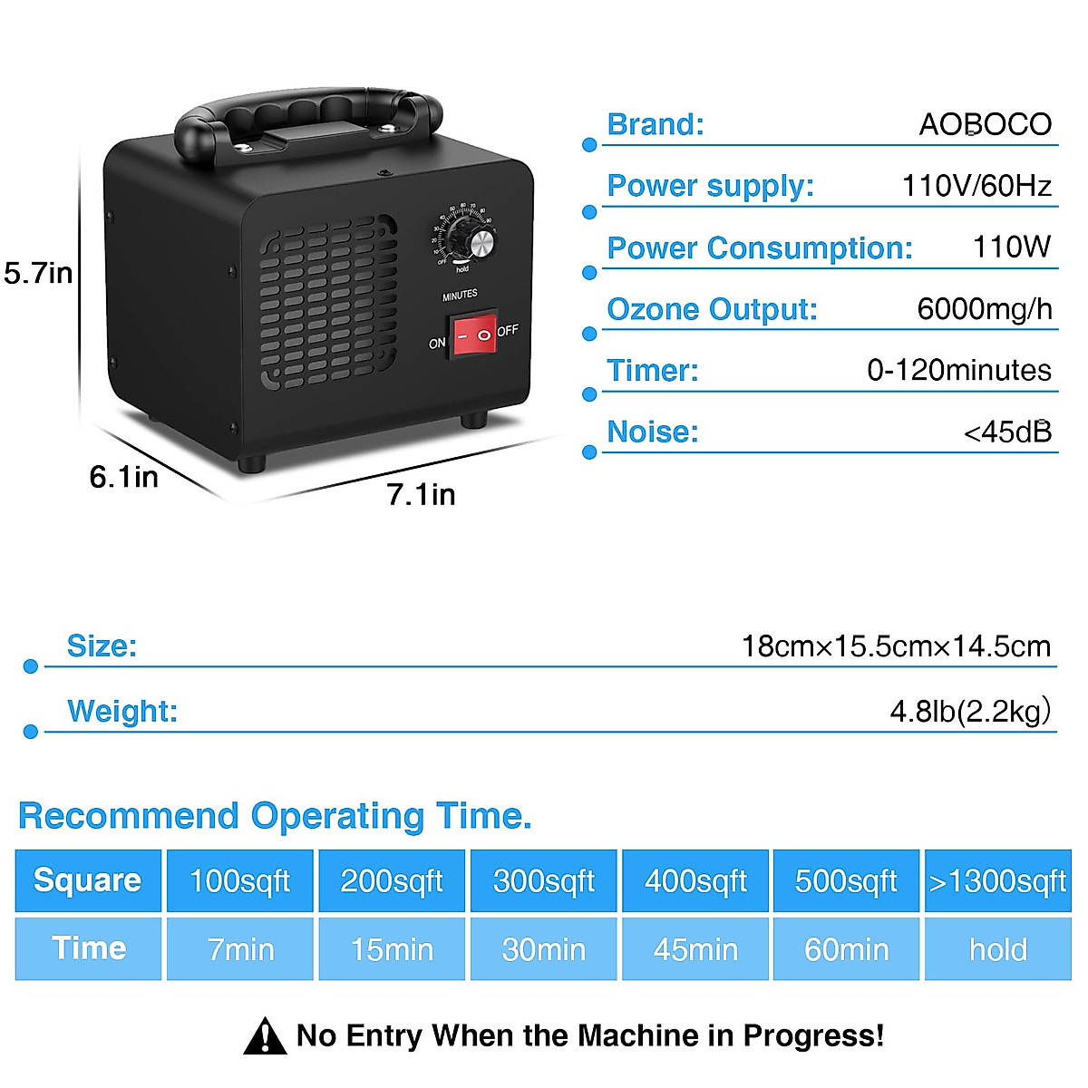 AOBOCO 6000mg/h Ozone Machine for Home,120min Time Setting, Auto Shut Off Ozone Machine for Car, Room, House, Smoke, and Pet(1000 Sq Ft)