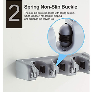 Broom Mop Rack and Garden Tool Storage Rack, ABS Material, Wardrobe Storage, Kitchen Rack, Home Finishing and Garage Storage Rack, Suitable for Rake or Mop Handle, 5 Handle Slots and 6 Hooks (Gray)