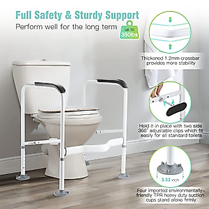 Hybodies Toilet Safety Rails for Elderly, Heavy Duty Toilet Safety Frame with Handles, Adjustable Height & Width, Toilet Assist Grab Bar with Anti-Slip Mat, Up to 350 Lbs, Fits for Any Toilets