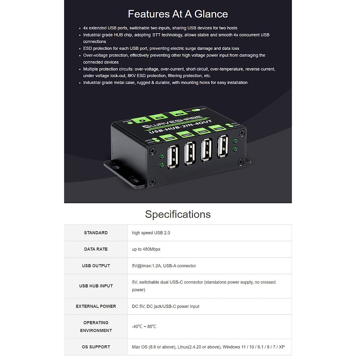 waveshare Industrial Grade USB HUB Extending 4X USB 2.0 Ports Switchable Dual Hosts Sharing USB Devices for Two Hosts Without Power Supply