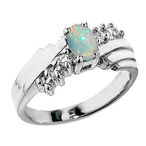 gemstone rings Sterling Silver White Topaz and Opal Ladies Ring (Size 12)