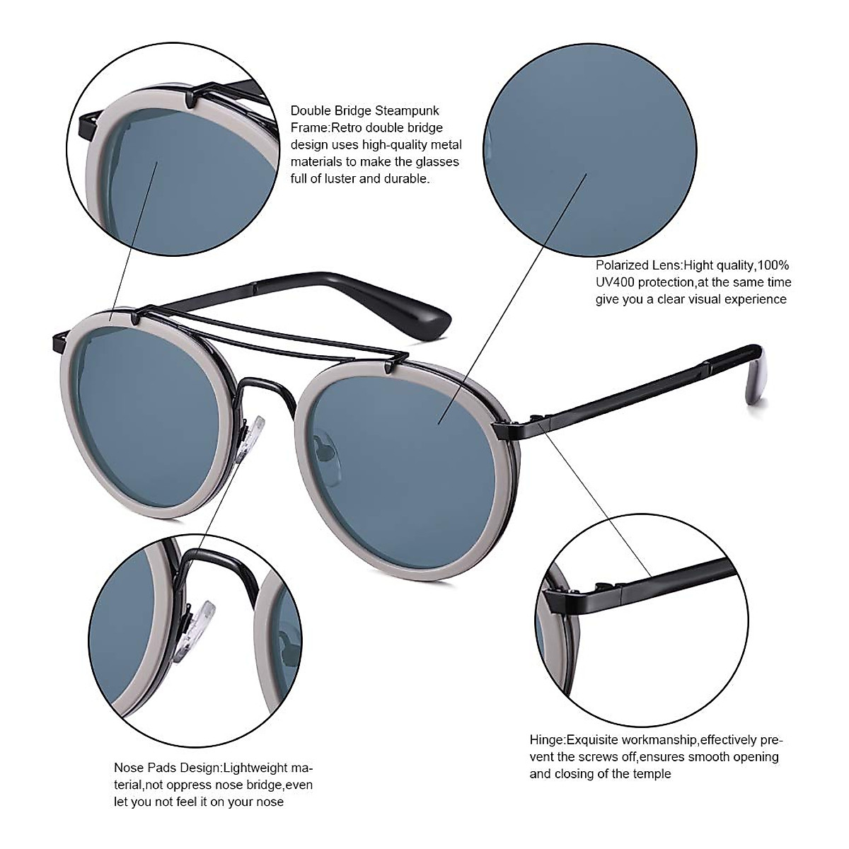 2020 VentiVenti Vintage Steampunk Double Bridge Round Polarized Sunglasses Designer Metal Frame For Women Men Grey Frame/Smoke Lens