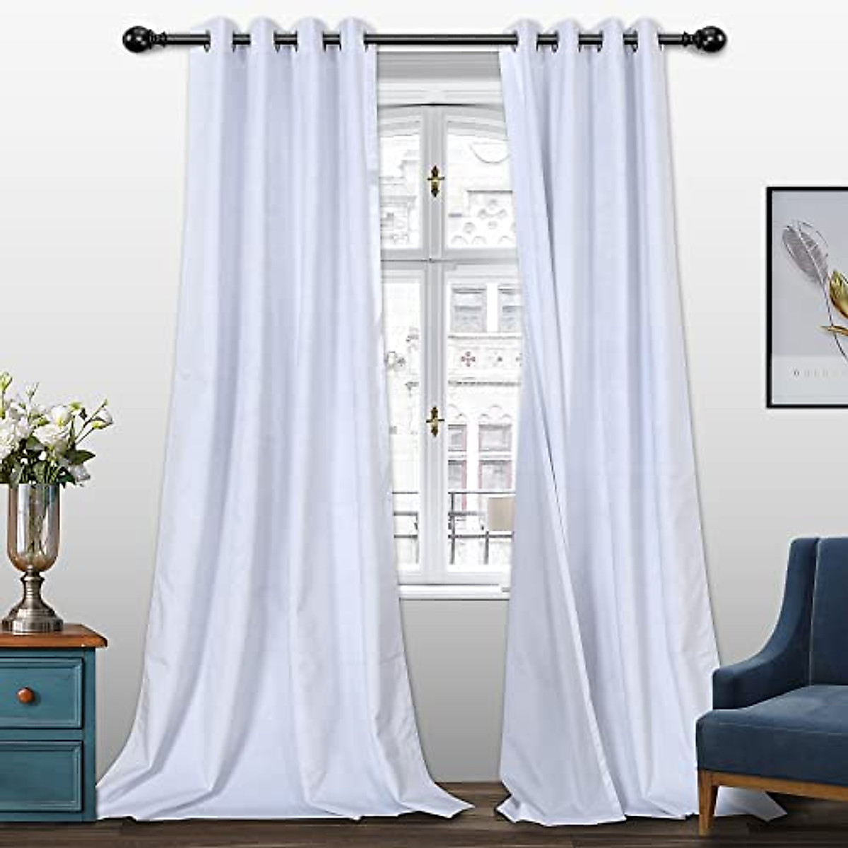 BONZER 100% Blackout Curtains for Bedroom - Premium Thick Velvet Curtains 84 Inches Long Thermal Insulated Energy Saving, Sun Light Blocking Grommet Window Drapes for Living Room, 2 Panels, White