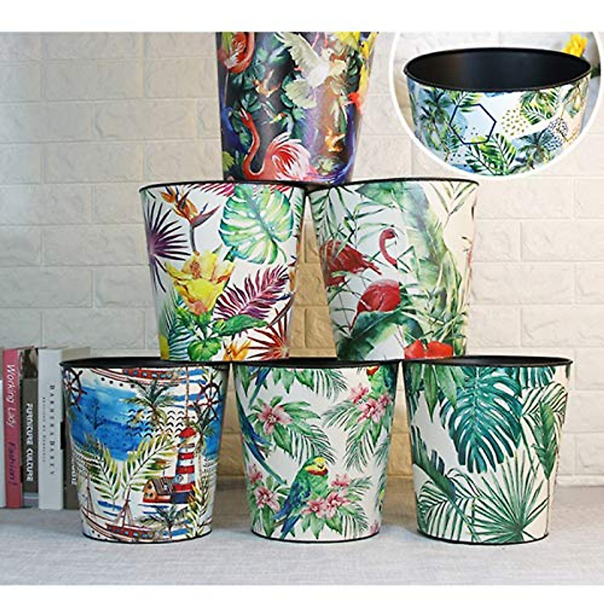 Wansan Iron and Leather Round Large Household Trash Can, Creative Can Without Lid,Suitable for Cans in Bathrooms, Kitchens, Home Offices, Bedrooms, Offices-10L Palm Tree Green Leaf 21*26cm