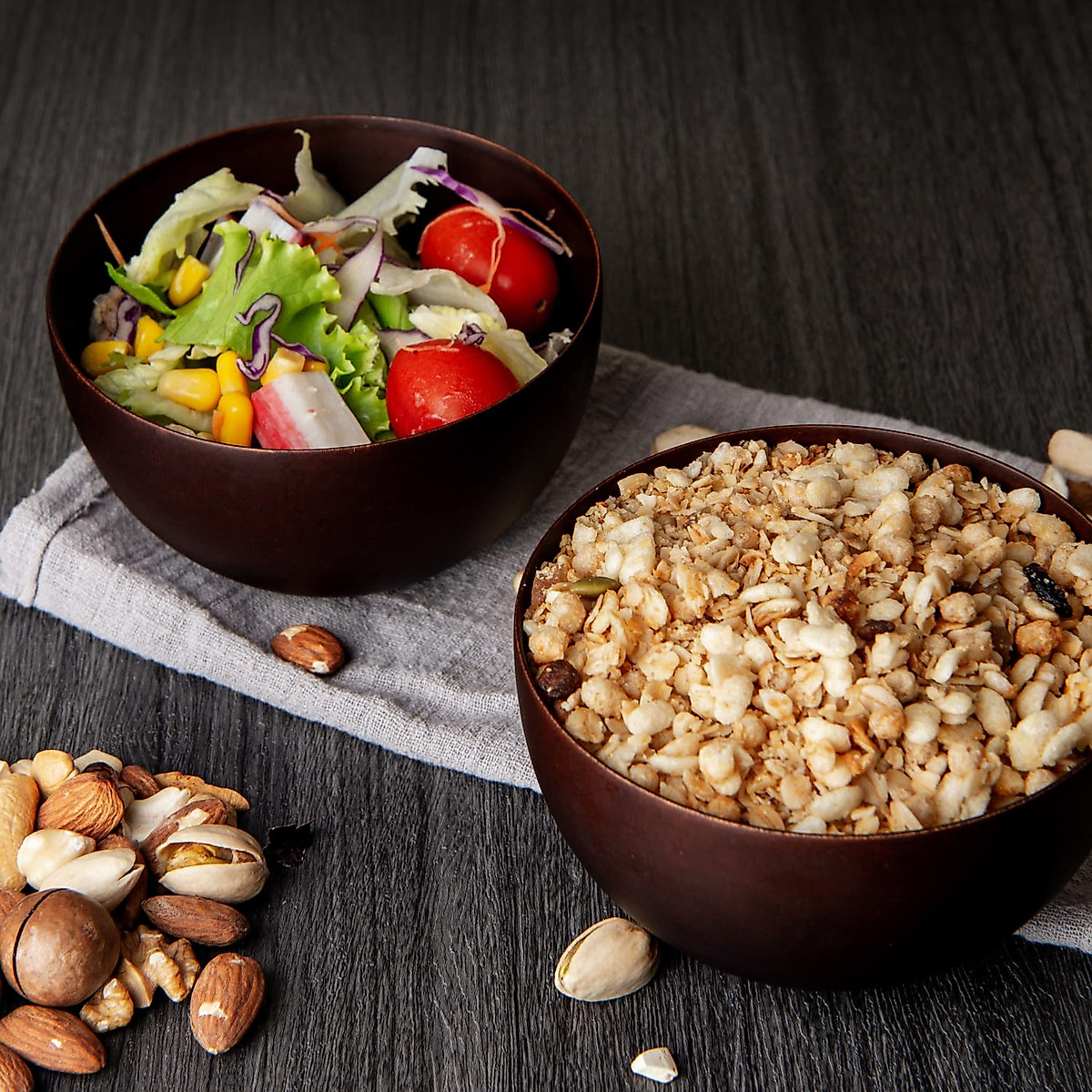 Naturoom Handmade Wooden Cereal Bowls, Set of 2, Zen Style Rice & Miso Soup Bowls, Small Salad bowl, Perfect For Snack, Nuts, Candy, Fruit and noddle, 5'' Diam x 3'' High Craft Decorative Bowl