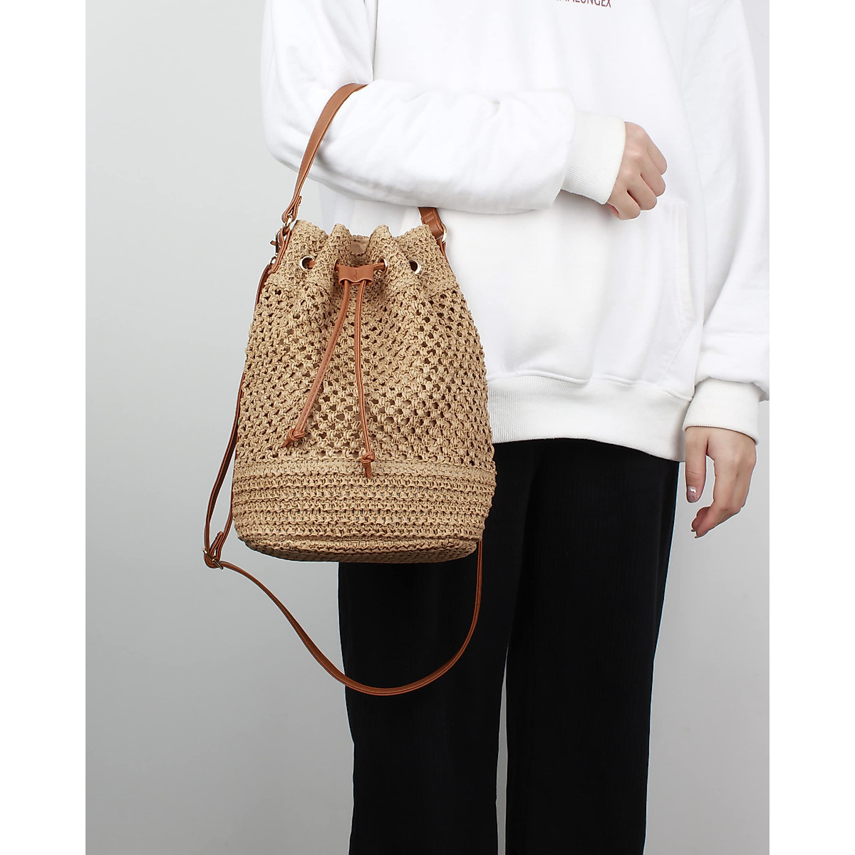 Van Caro Shoulder Bucket Bag Straw Tote StrawHandwoven Drawstring Beach/Crossbody Bag for Women,Light Coffee