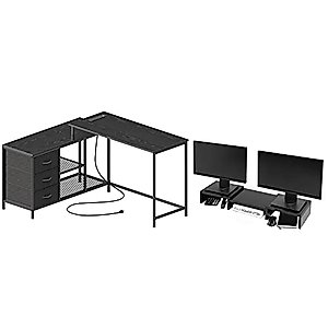 SUPERJARE L Shaped Desk with Power Outlets and Dual Monitor Stand Riser