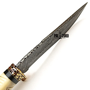 PAL 2000 KNIVES BOW-9482 Handmade Damascus Steel Fixed Blade Hunting Knife Camel Bone Handle with Sheath