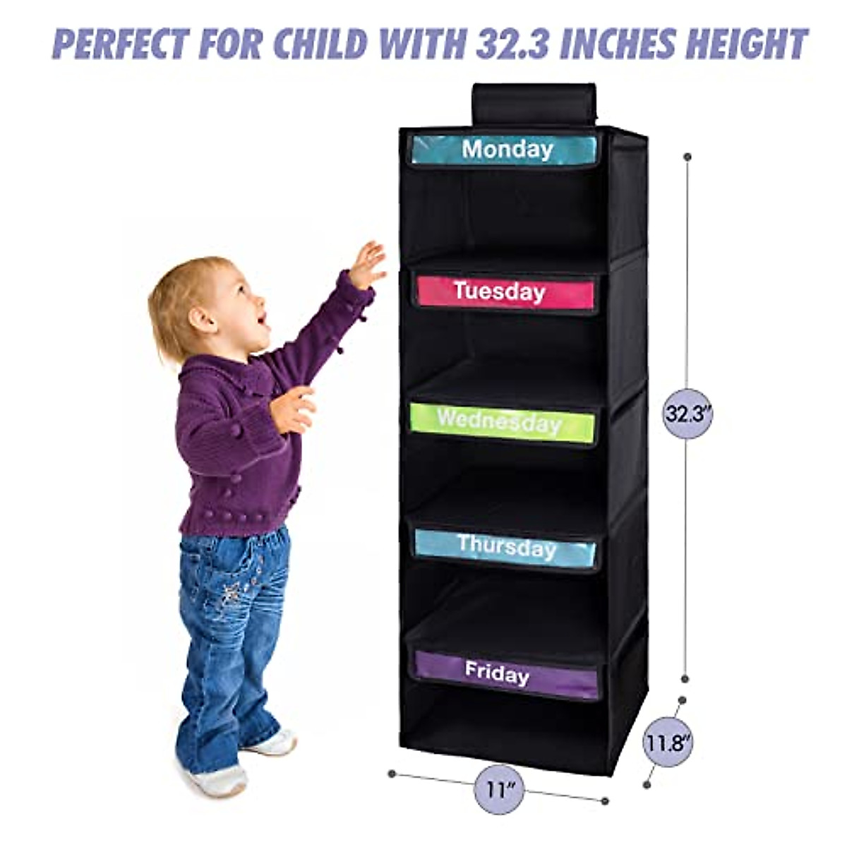 DoveeDosa Weekly Clothes Organizer for Kids-Day of The Week Clothes Organizer for Kids-Kids Daily Clothes Organizer-Monday Friday Clothes Organizer-Kids Closet Organizer-Days of The Week, Black