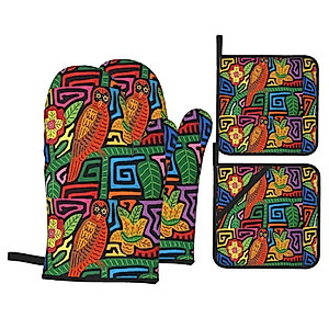Mola De Panama Oven Mitts and Pot Holders Sets for Kitchen - Heat Resistant BBQ Oven Gloves - Polyester Printing Non-Slip Surface Set of 4