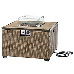 Kinsunny 32 inch Propane Fire Pit - Outdoor Patio Square PE Rattan Wicker Gas Fire Table(40,000 BTU),with Free Lava Rocks & Glass Wind Guard for Garden, Lawn