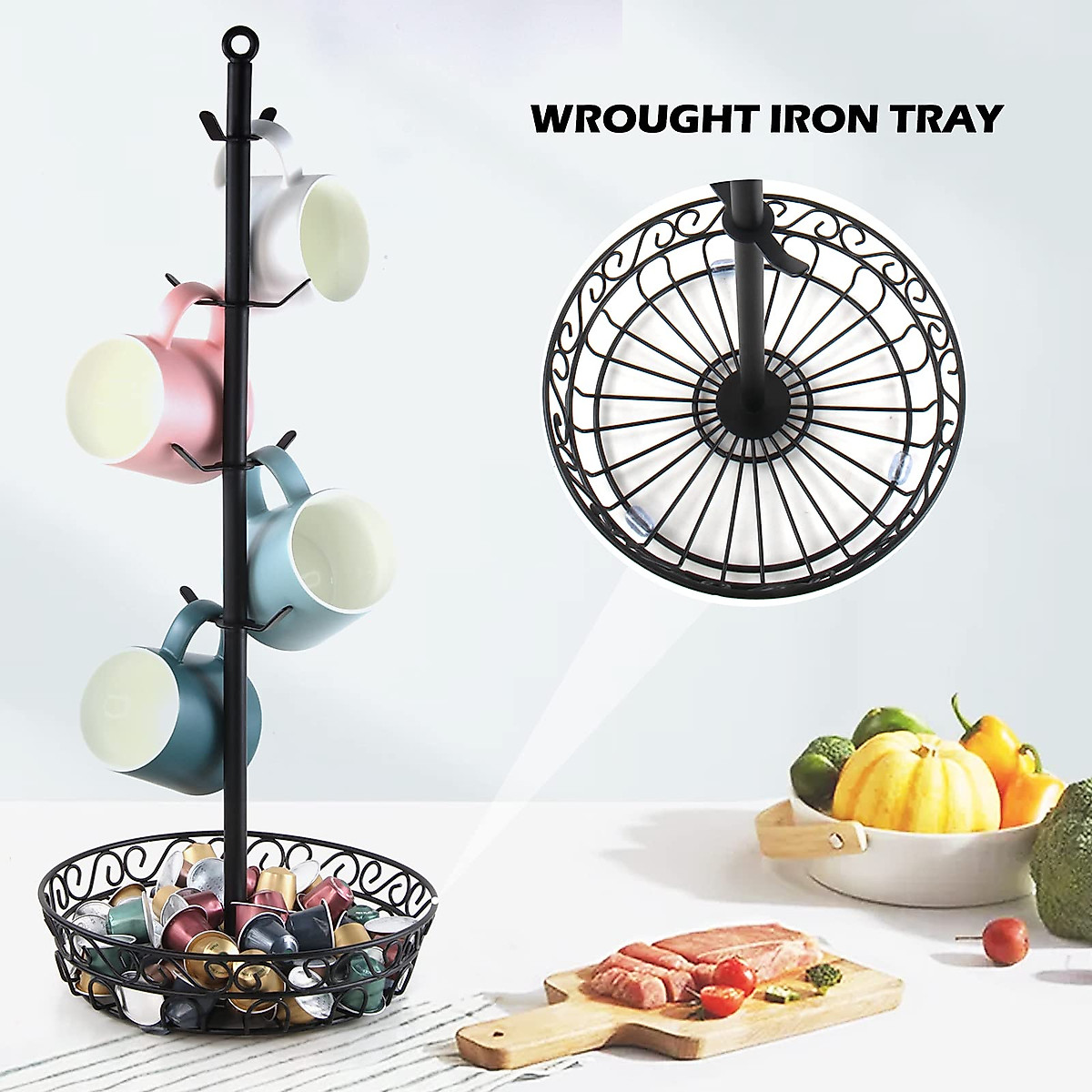 Coffee Mug Holder Stand with 8 Rotatable Hooks, Capsule Storage, Multipurpose Mug Holder, Coffee Station Organizer, Mug Tree for Kitchens, Offices, Parties & More, Black, 10.2(L)x10.2 (W)x24.4(H)inch