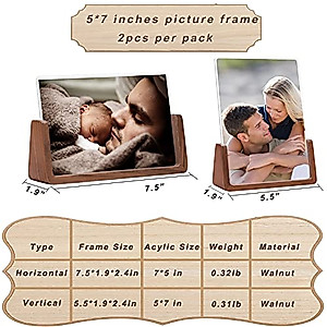 WEIMELTOY 5X7 Walnut Wooden Picture Frame,Brown Photo Frame with Double Side Acrylic Glass Cover, 2pcs Horizontal Vertical Photos for Table Top or Desktop Display, Gift for Family, Partner and Friends Gift