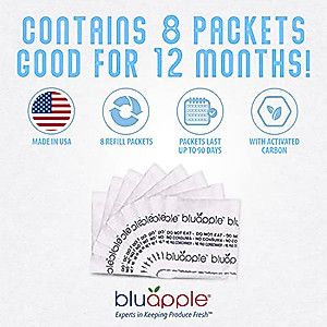 Bluapple 1-Year Carbon Refill Kit - Keep Fruits & Vegetables Fresh Longer & Help Absorb Odors, 8 Packets with Carbon, Fruit & Vegetable Storage, Ethylene Gas Absorber for Fridge, Made in USA