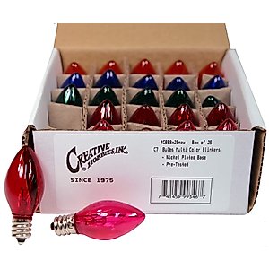 Creative Hobbies® Box of 25 Colored Light Bulbs, Random Blinking, 7 Watt, C7 Candelabra Base -Great for Night Lights and Christmas Strings
