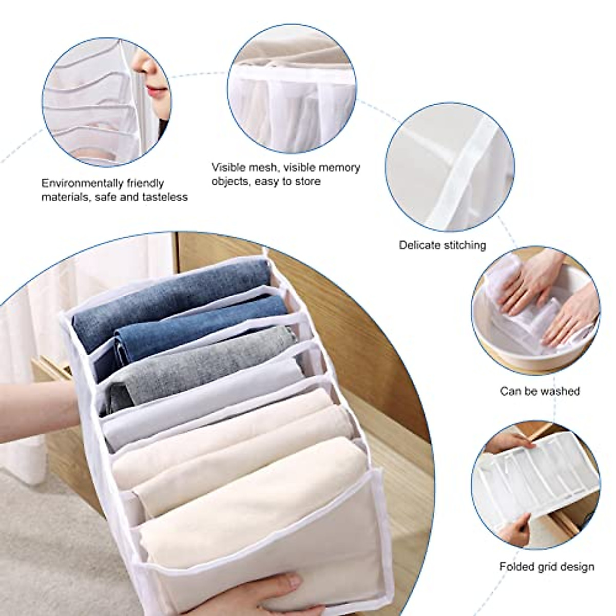 Wardrobe Clothes Organizer (2 Pack ), 7 Grids Washable Foldable Closet Drawer Organizer Clothes Drawer Mesh Separation Box, Nylon Jeans Leggings Drawer Dividers Large Clothes Storage Box (2Pcs White)