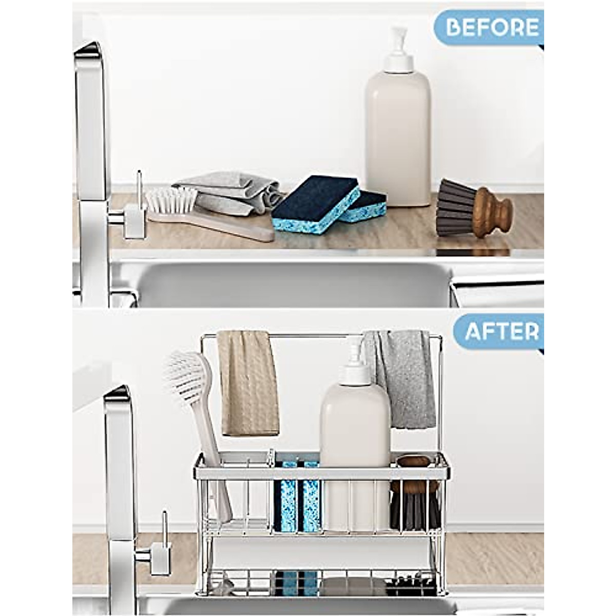 VOGWOLTH Sponge Holder for Kitchen Sink, Sink Caddy Kitchen Sponge Holder for Dish Rags Brush Soap Scrubber, Stainless Steel 304 Counter Organizer with Auto Drain Tray