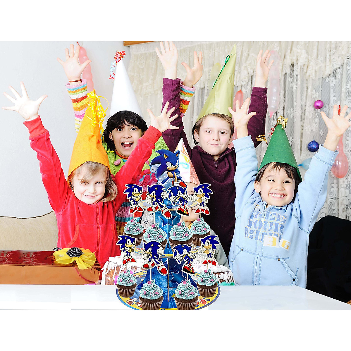 Hedgehog Themed Cupcake Stand 3 Tier, Blue Hedgehog Cake Stand for Boy Kids Birthday Party, Baby Shower, Gender Reveal Party, The Hedgehog Themed Boys Party Supplies