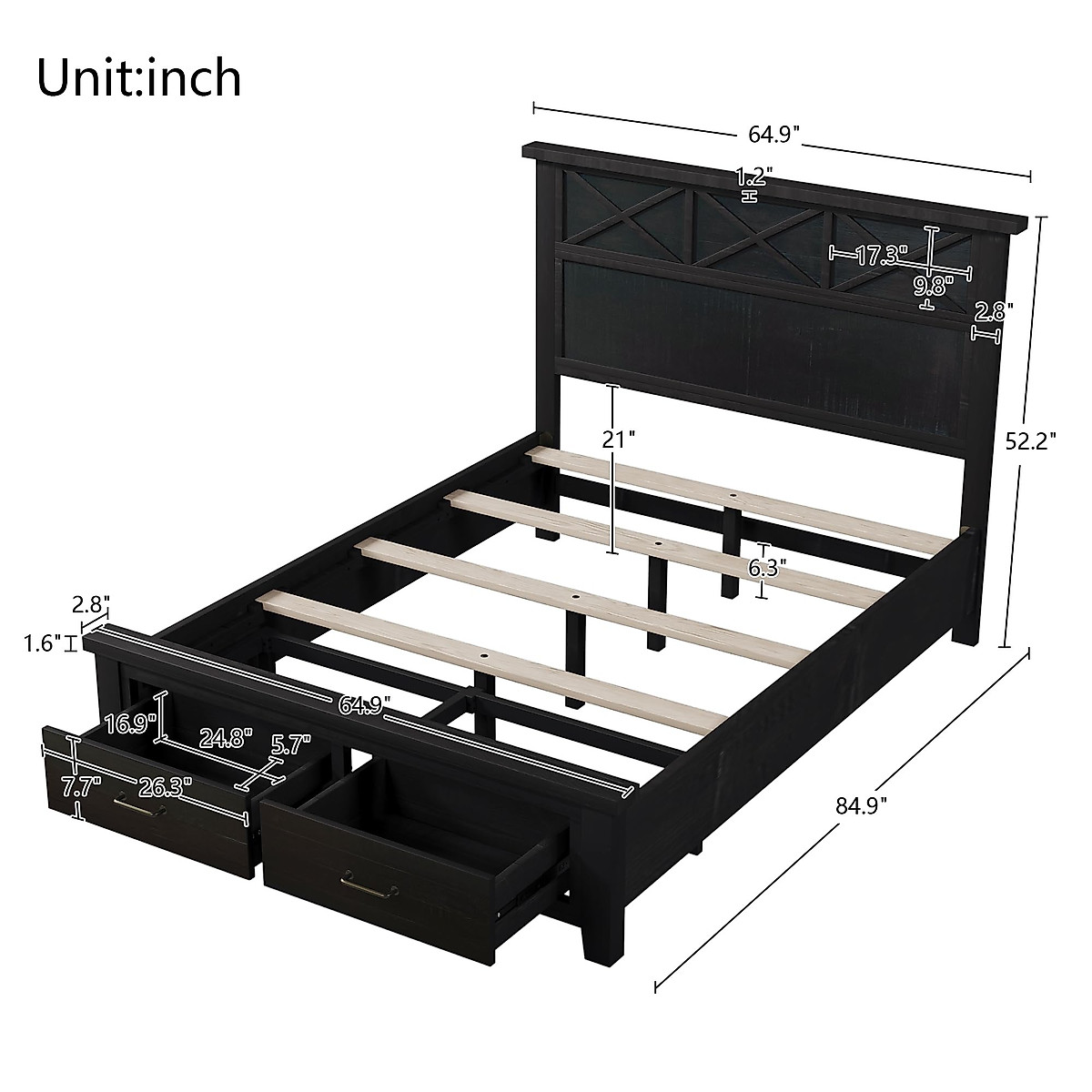 FANYHOME Queen Size Platform Storage Bed with Two Drawers, Rustic Farmhouse Style Wood Platform Bed Frame with Headboard and Wood Slats Suppoer, Footboard Drawer Storage,Coffee