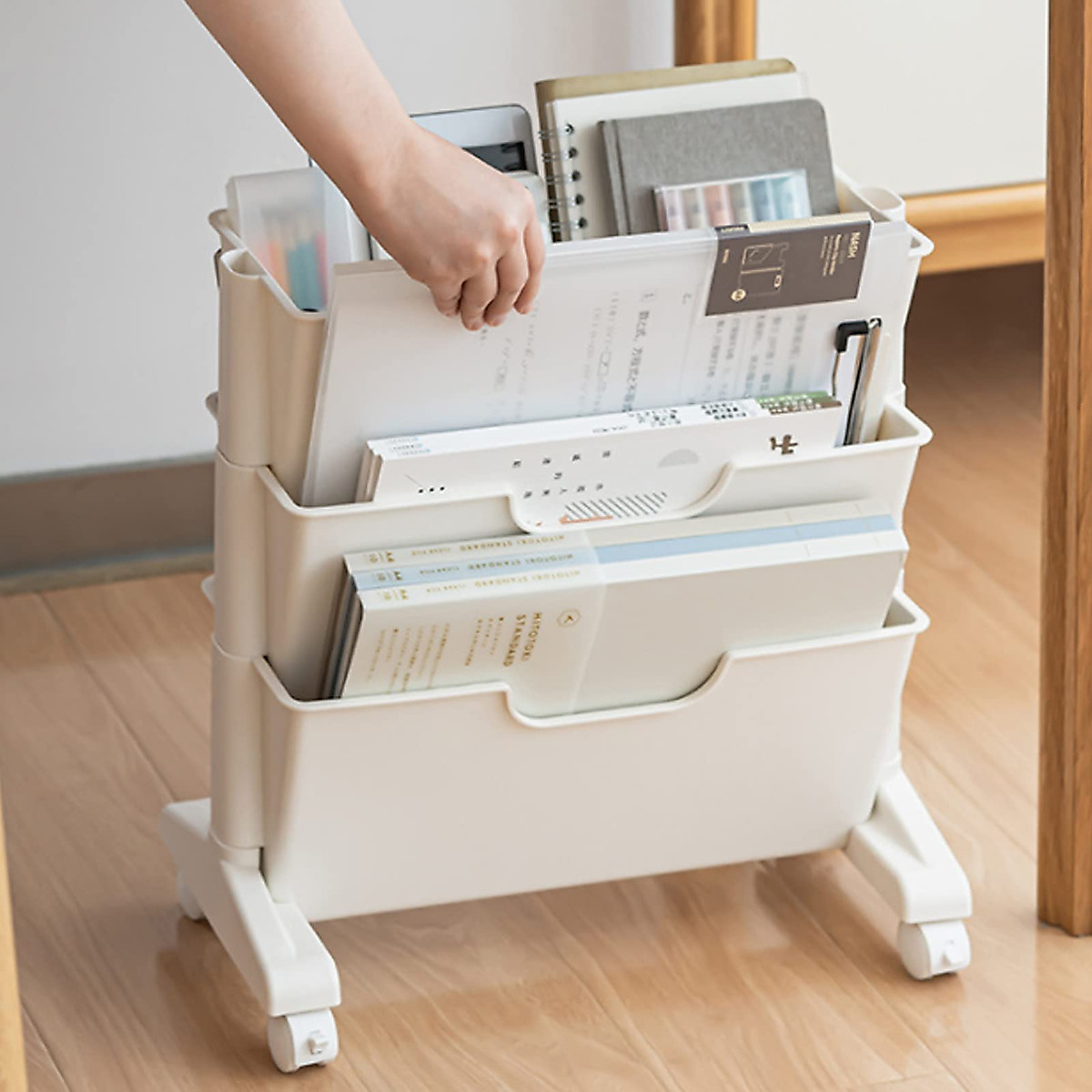 White 3-Tier Rolling File Cart, Utility Cart with Spinner Wheels Classroom Desk Side Bookshelf for Students, Teachers, File Organizer and Classroom, Library Storage Bookshelves