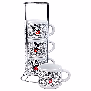 Silver Buffalo Disney Mickey Mouse Vintage Sketches Art 4pc Stackable Ceramic Espresso Small Cup Set, 3 Ounces