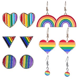 Rainbow Earrings, LGBTQ Pride Earrings, 6 Pairs Gay Pride Charm Alloy Enamel Dangle Earrings for Women and Men