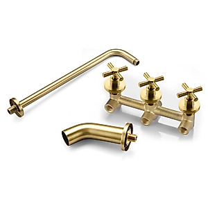 SUMERAIN 3 Handle Tub Shower Faucet Set with Waterfall Tub Spout and 3-Cross Handles, Wall Mounted Rainfall Bathtub Shower Faucet Brushed Gold