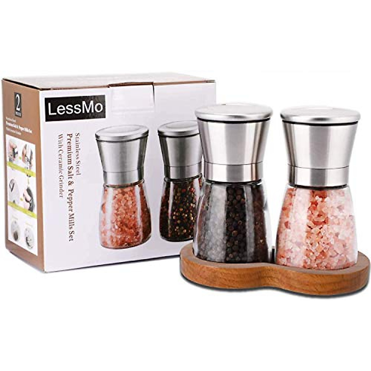 LessMo Salt and Pepper Grinder Set with Wooden Standing Tray, Refillable Pepper Mill Set - Brushed Stainless Steel - Short Glass Shakers with Adjustable Coarseness for Peppercorn, Salt or Spice Mill