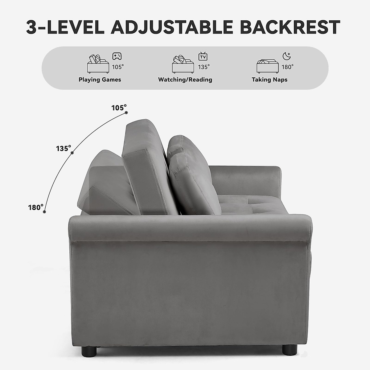 COMHOMA 55" Sleeper Sofa Bed, 3-in-1 Pull Out Couch Bed with Adjustable Backrest and Pillows, Convertible Sleeper Couch for Living Room and Office (Grey)