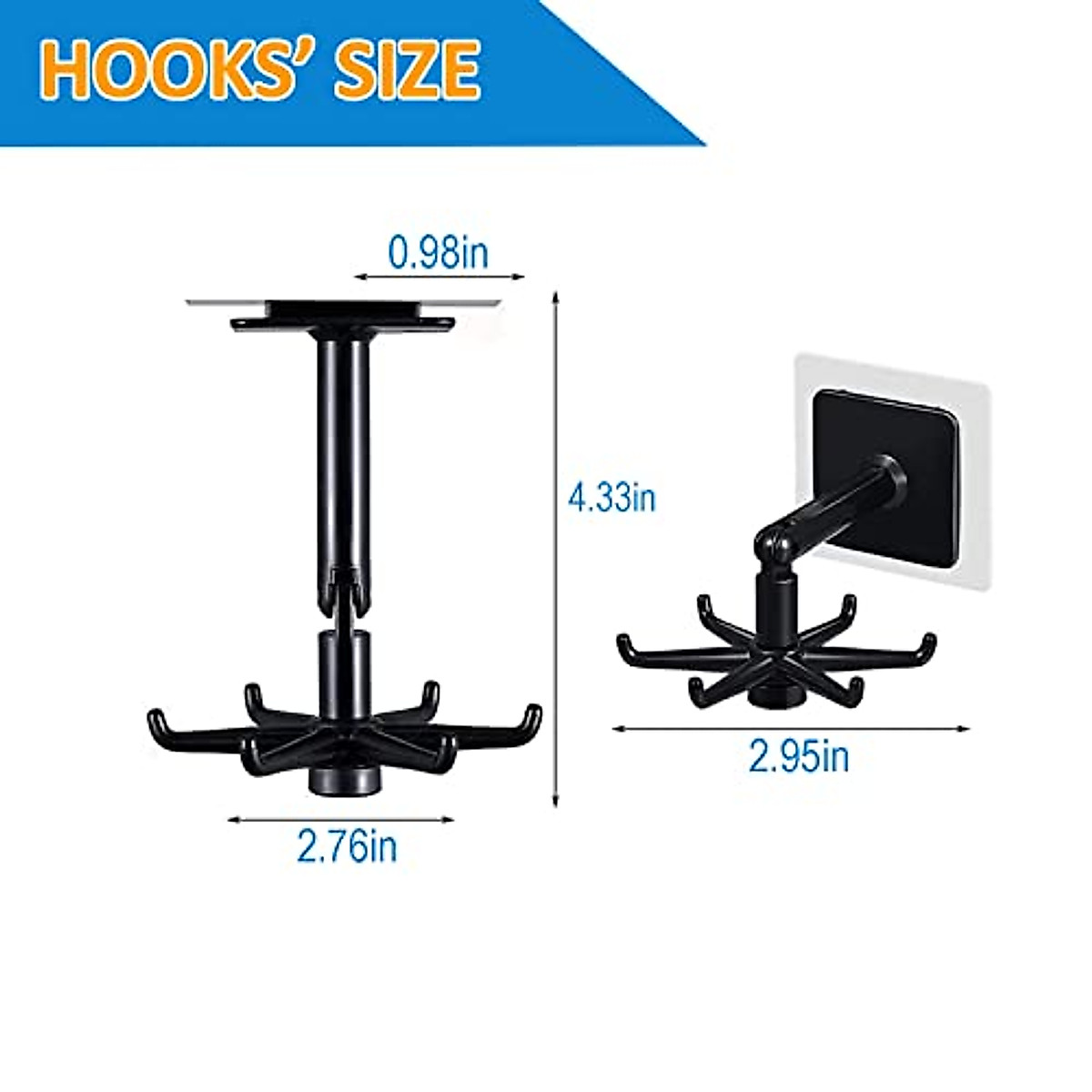 AMOTIE Hooks for Hanging, 360° Rotating Folding Hook, 2 Pack Under Cabinet Utensil Holder with 6 Hooks Utility Hook Kitchen Towel Hooks Suction Cup Hook for Bathroom, Cabinet Hook for Hanging (Black)