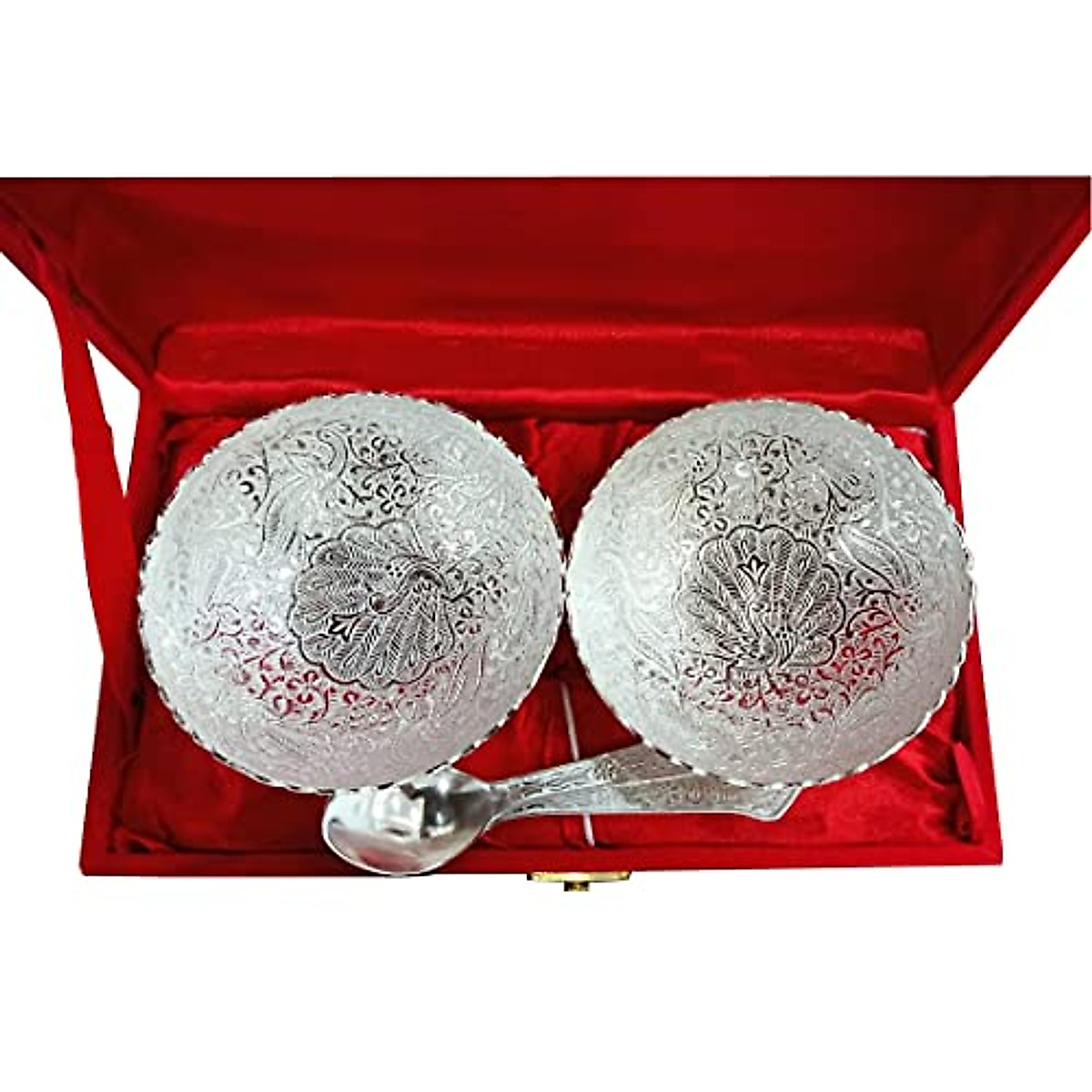 Indian Accent Silver Plated Brass 2 Bowls,2 Spoons Design with Decorative Gifting Box Set Of 4