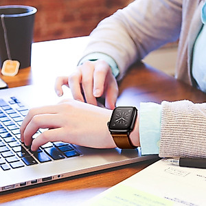 OUHENG Compatible with Apple Watch Band 49mm/46mm/45mm/44mm/42mm, Genuine Leather Band Strap Compatible with Apple Watch Ultra 2/1 Series 10/9/8/7/6/5/4/3/2/1/SE, Retro Brown/Black