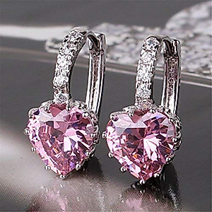 GULICX Heart shape Created Pink sapphire Cubic Zirconia Silver Tone hoops shiny earrings