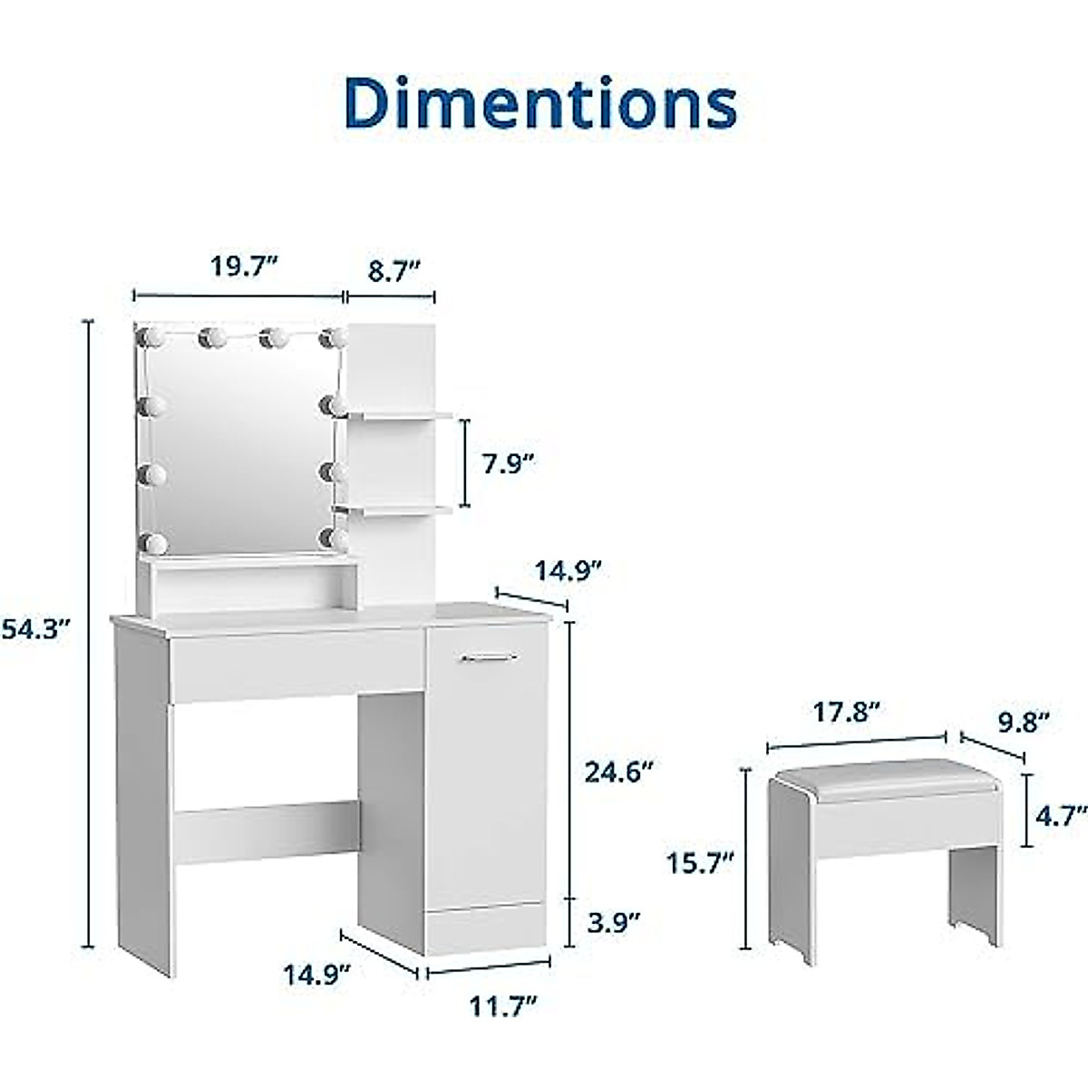 Makeup Vanity Table, Make Up Vanity Desk with Large Mirror and 10 LED Lights, Brightness Adjustable, Dresser Table Desk with Drawers & Shelves, Bedroom Vanitys Desk for Girls Women, White, New