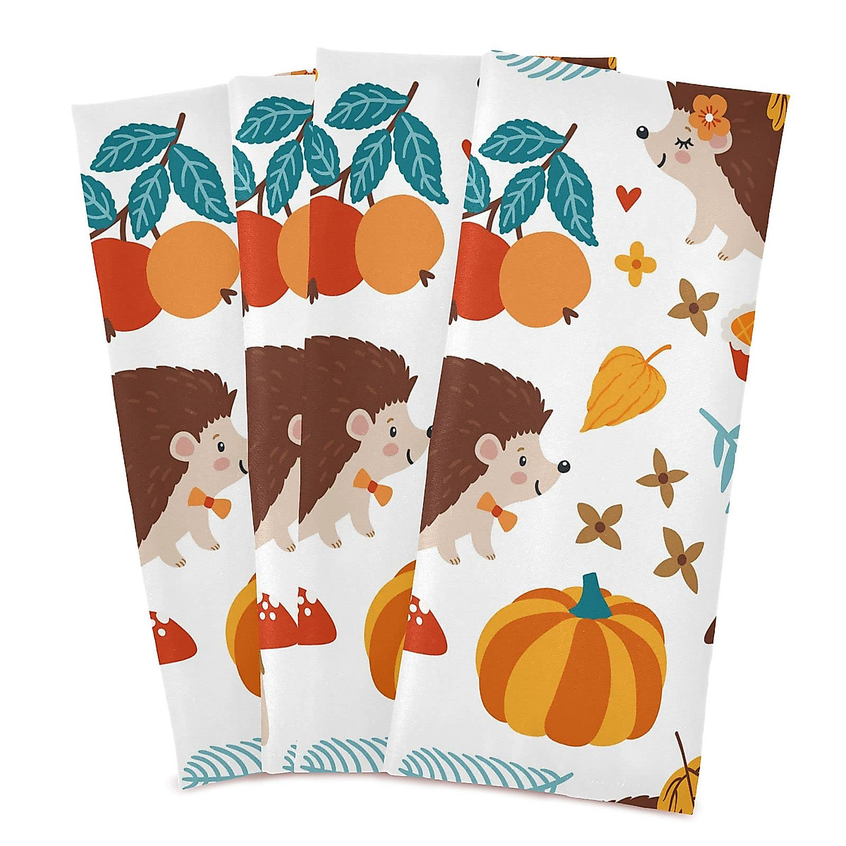 SLHKPNS Autumn Cute Hedgehogs Pumpkin Kitchen Dish Towel Set of 4,Autumn Floral Plants Thanksgiving 18x28in Absorbent Dishcloth Reusable Cleaning Cloths for Household Use