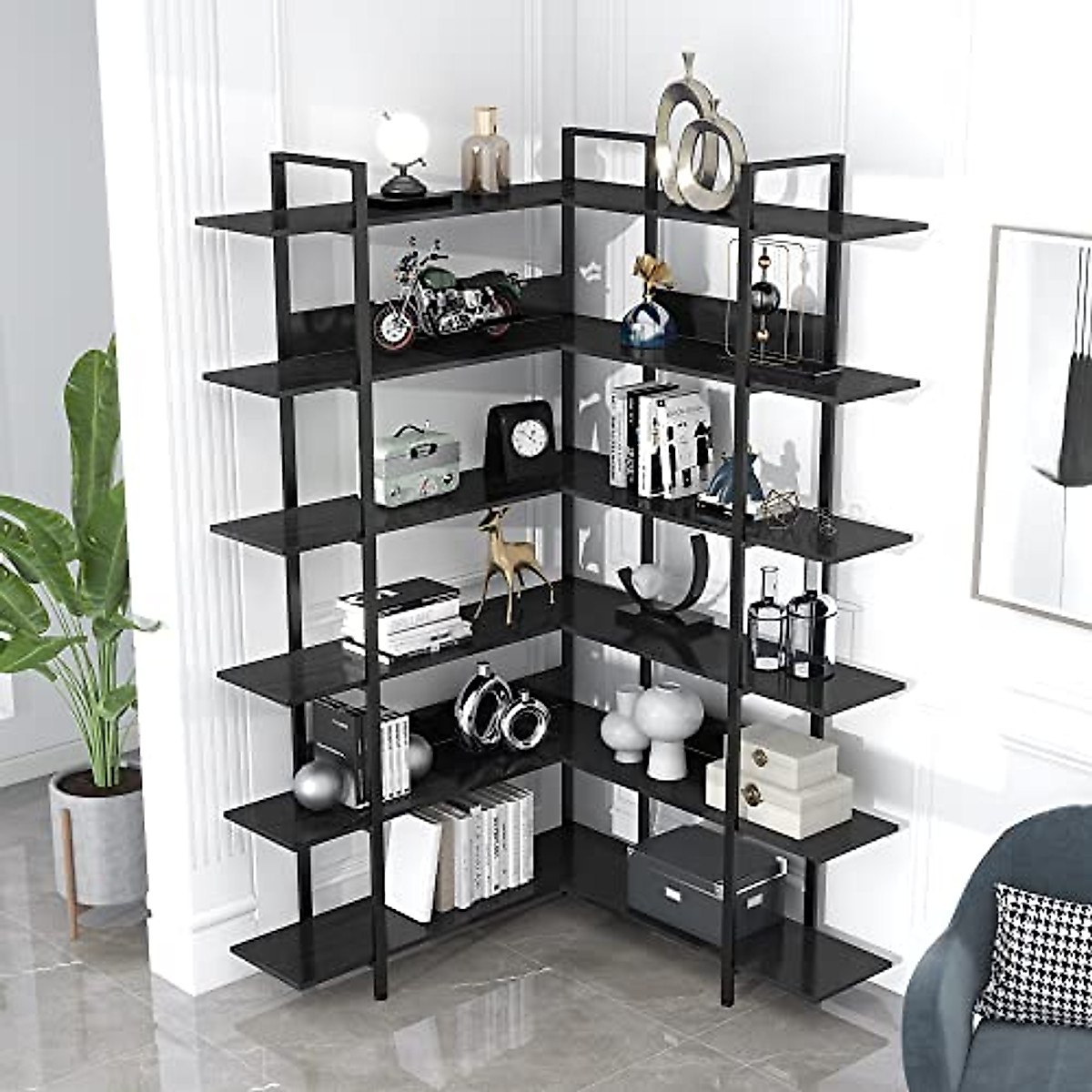Corner Bookcase, 6-Tier L-Shaped Tall Bookshelf with Open Storage, Freestanding Industrial Shelf with Metal Frame for Home Office Funiture(Black)