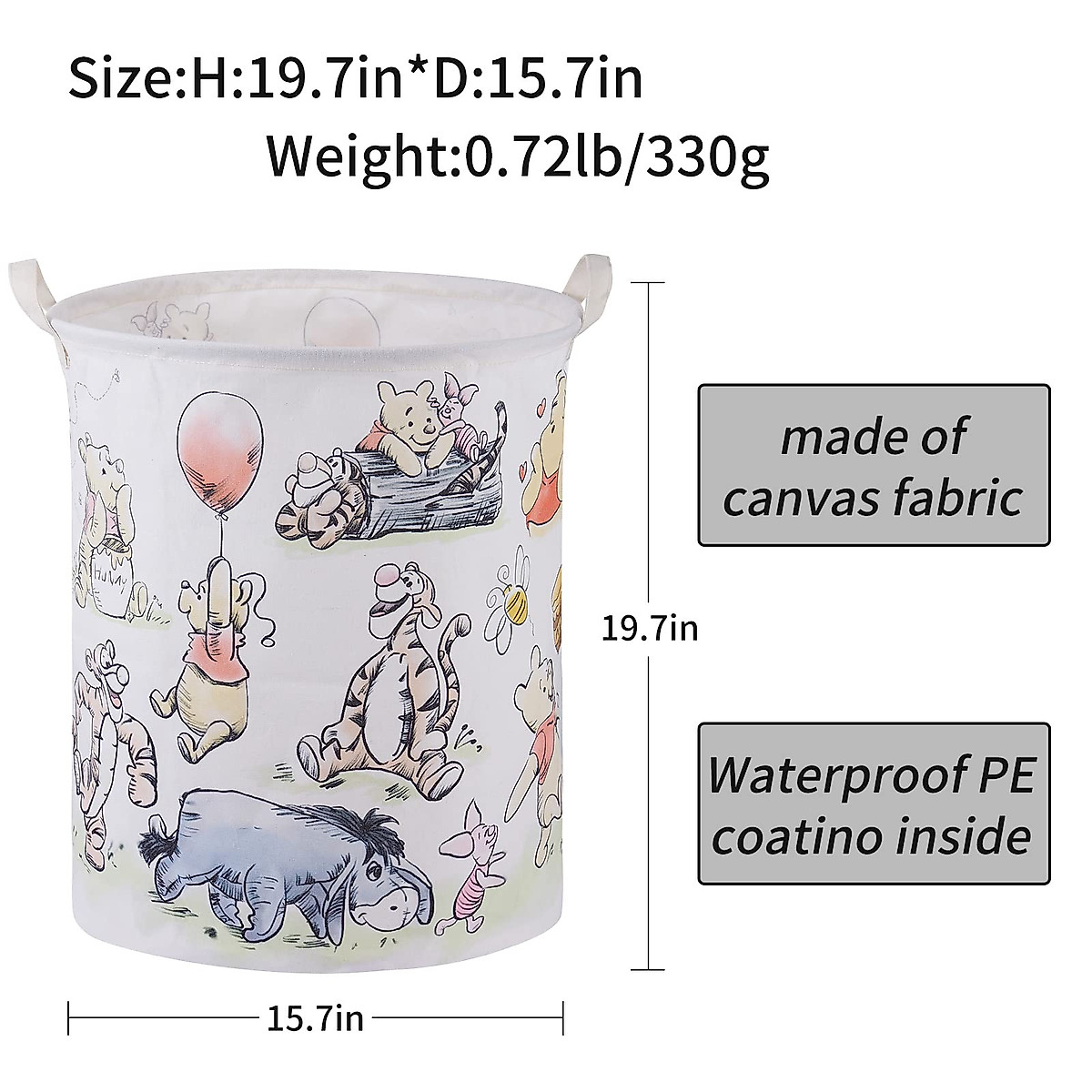 Winnie Storage Basket, Nursery Large Hamper Canvas Laundry Basket Foldable With Waterproof Pe Coating,For Kids Boys And Girls, Bathroom, Bedroom, Clothes,Toy Bin