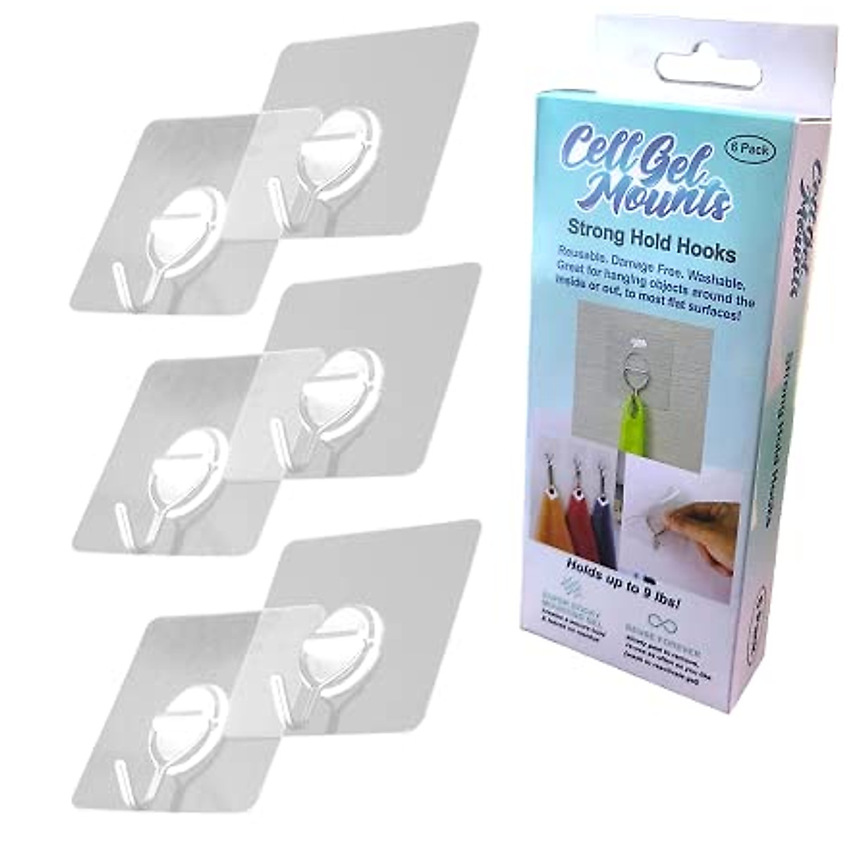 Cell Gel Mounts 6 Pack | Strong Hold Reusable Hook for Hanging | Transparent Reusable Self Adhesive Hook | Waterproof Heavy Duty (9 lb) | Hooks for Bathroom, Shower, Outdoor, Kitchen, and More