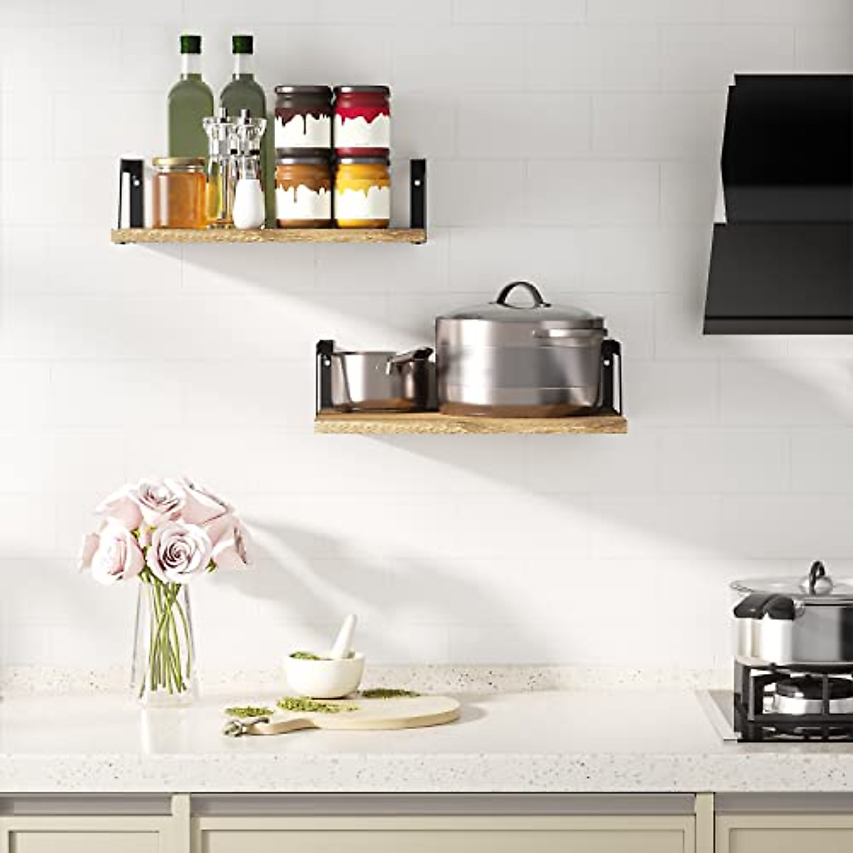 SRIWATANA Floating Shelves Wall Mounted Set of 2 Rustic Wood Shelves with Large Capacity(Carbonized Black)