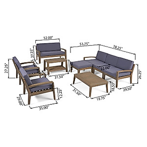 Great Deal Furniture Sally 7-Seater Sectional Sofa Set for Patio with Loveseat, Club Chairs, Ottoman, and Coffee Tables, Acacia Wood, Gray Finish with Dark Gray Outdoor Cushions