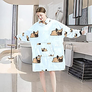 Cute French Bulldog Puppy Pattern Wearable Blanket Hoodie,Oversized Hooded Blanket Sweatshirt