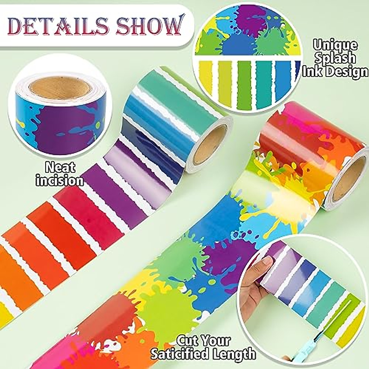 52ft Bulletin Board Border Decorations - 2 Rolls Rainbow Stripes Straight and Ink-Splashing Rolled Border Trim for School Classroom Bulletin Board Chalkboard Decor