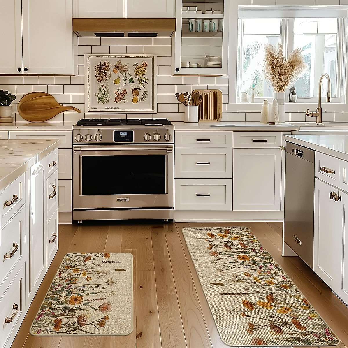 Artoid Mode Flowers Fall Kitchen Mats Set of 2, Autumn Home Decor Low-Profile Kitchen Rugs for Floor - 17x29 and 17x47 Inch
