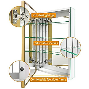 FOMAYKO Aluminum Bathroom Medicine Cabinet with Farmhouse Gold Framed 16x26 Inches Recess or Surface Mount Mirror Cabinet for Bathroom Toilet Kitchen