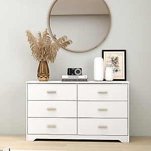 Modern 6 Drawer Wood Dresser, Wood Lateral Chest of Drawers Storage Organizer with Wide Drawers & Metal Gold Handles for Bedroom, Living Room, Hallway, Entryway