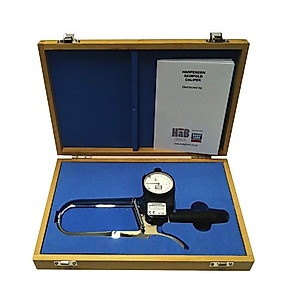 Harpenden Skinfold Caliper with Calibration Dowel, Wood Case, and Instruction Manual with Charts to Measure and Calculate Body Fat Percentage - 0.2 mm Accuracy, Scientific