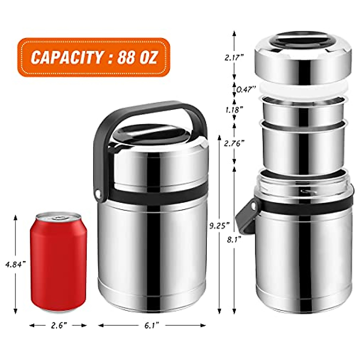 Thermos for Hot Food,88oz Wide Mouth Soup Thermos,Large Food Thermos,Multiple Tier Food Flask with Handle,Thermal Soup Container,Stainless Steel Food Jar,Travel Insulated Lunch Box,Lunch Container