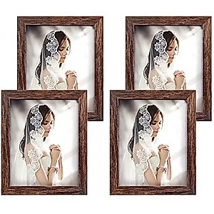 Q.Hou 8x10 Picture Frame Wood Patten Rustic Brown Photo Frames Packs 4 with High Difinition Glass for Tabletop or Wall Decor (QH-PF8X10-BR)